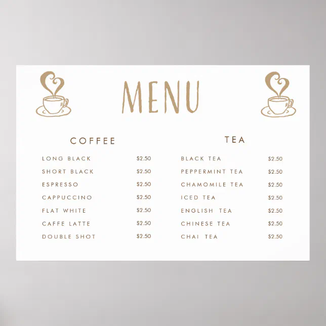 Cafe Cafeteria Price Menu Custom Printed Poster | Zazzle