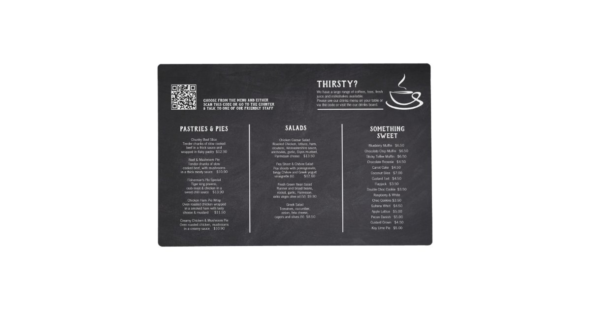 Cafe menu chalkboard white 6 sections qr code placemat | Zazzle