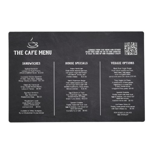 Cafe menu chalkboard white 6 sections qr code placemat | Zazzle