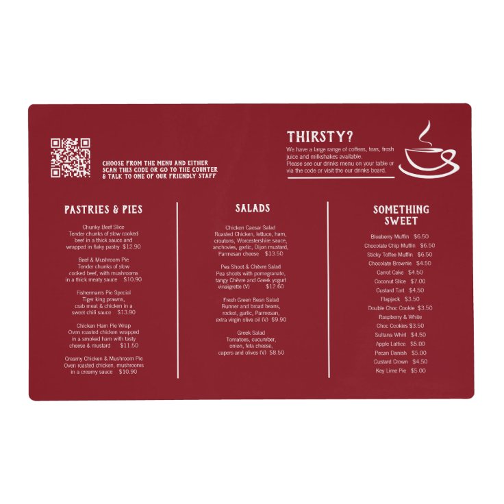 Cafe menu red white 6 sections qr code placemat | Zazzle