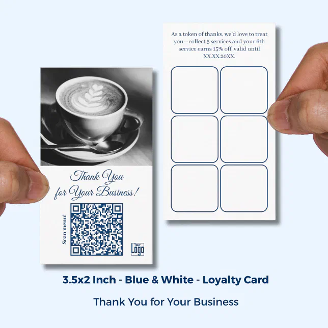 Cafe White Blue Logo & QR - Thank You Loyalty Card | Zazzle
