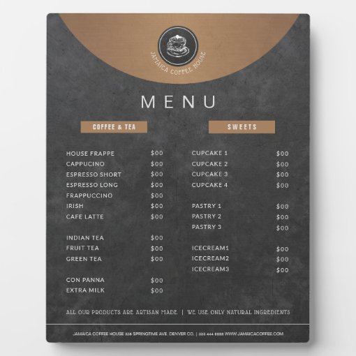 Cafeteria logo copper black chalkboard price list plaque | Zazzle