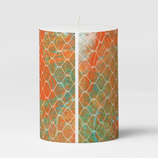 Caged, Abstract Art Orange Turquoise Green White Pillar Candle | Zazzle