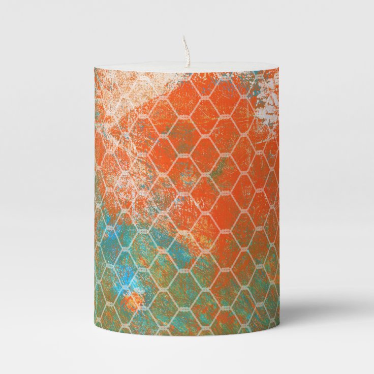 Caged, Abstract Art Orange Turquoise Green White Pillar Candle | Zazzle