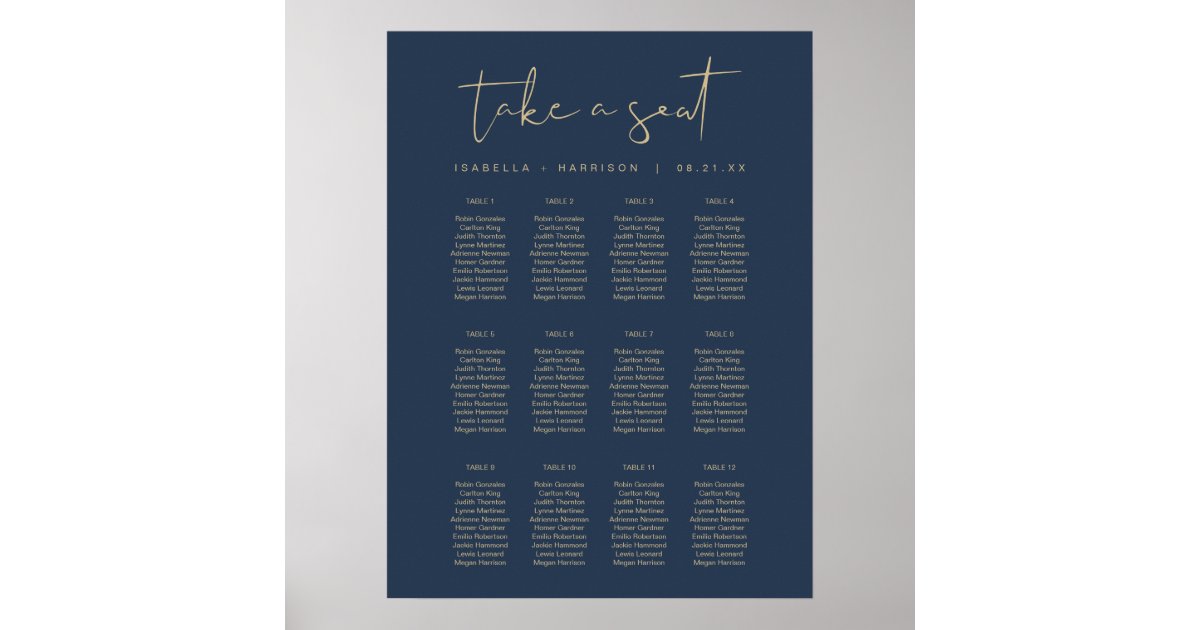 CAITLIN Modern Minimal Navy and Gold Seating Chart | Zazzle