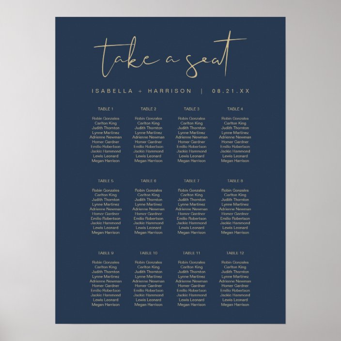 CAITLIN Modern Minimal Navy and Gold Seating Chart | Zazzle.com