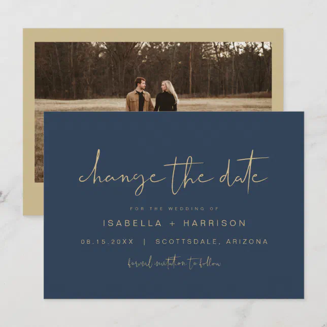 CAITLIN Navy and Gold Change the Date Invitation | Zazzle
