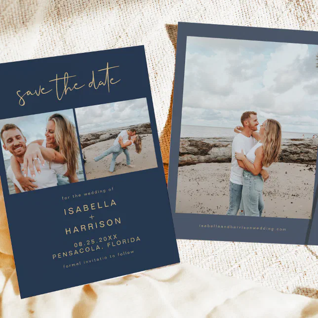 CAITLIN Navy and Gold Photo Save the Date Invitation | Zazzle