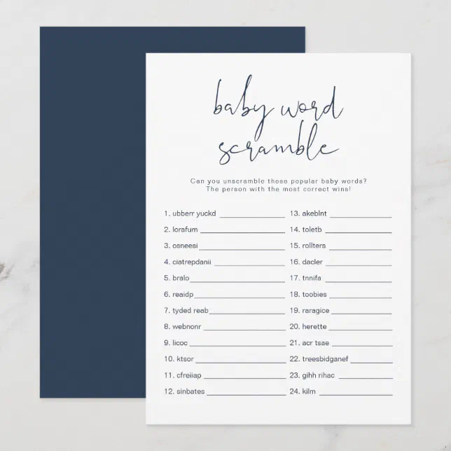 CAITLIN Navy Blue Word Scramble Game Invitation | Zazzle