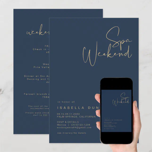 CAITLIN Navy & Gold Spa Day Bachelorette Invitation | Zazzle