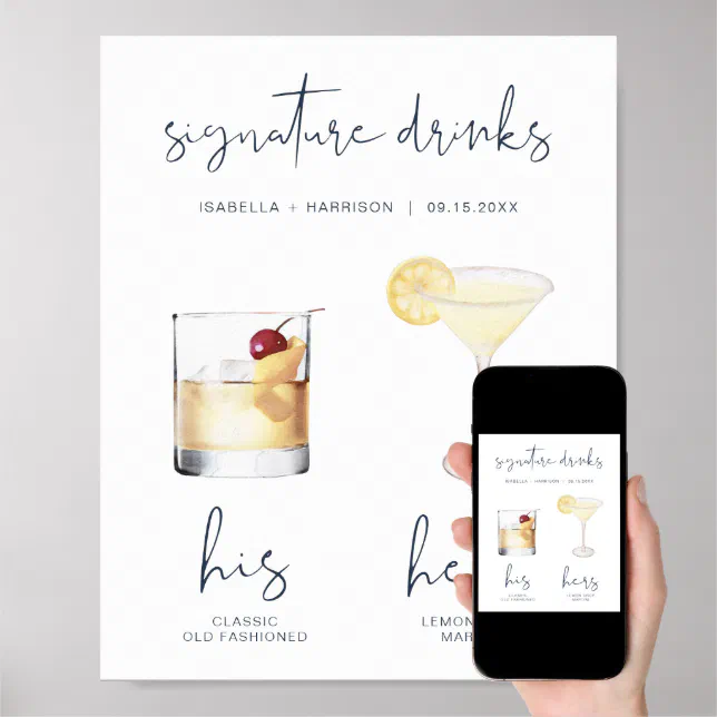 CAITLIN Navy Watercolor Cocktail Signature Drink Poster | Zazzle