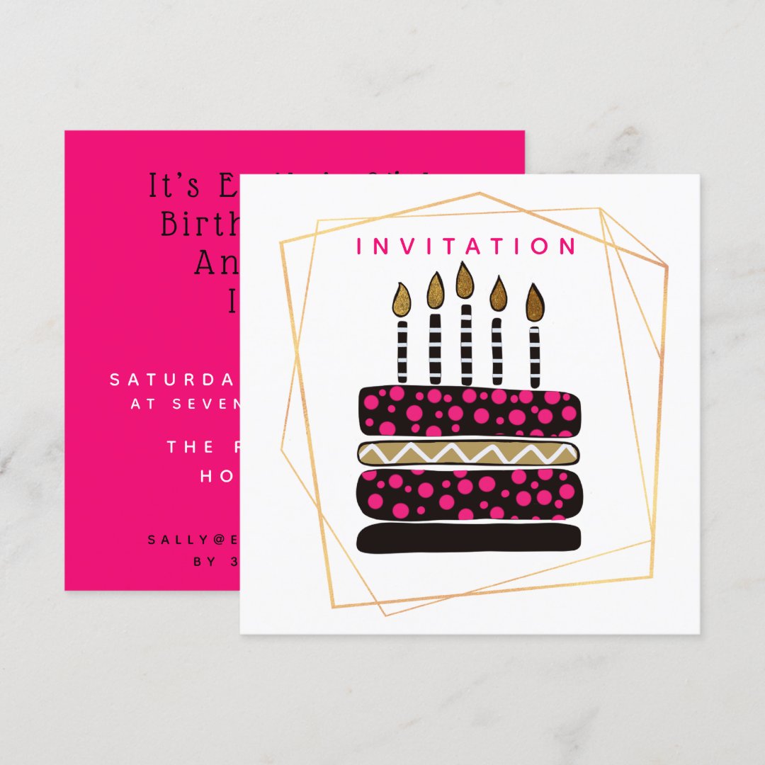 Cake and Candles/Pink Black Gold/Birthday Party Invitation | Zazzle