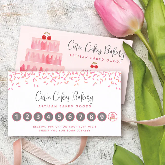 Cake Bakery Blush Pink Sprinkles Pastry Chef Chic Loyalty Card | Zazzle