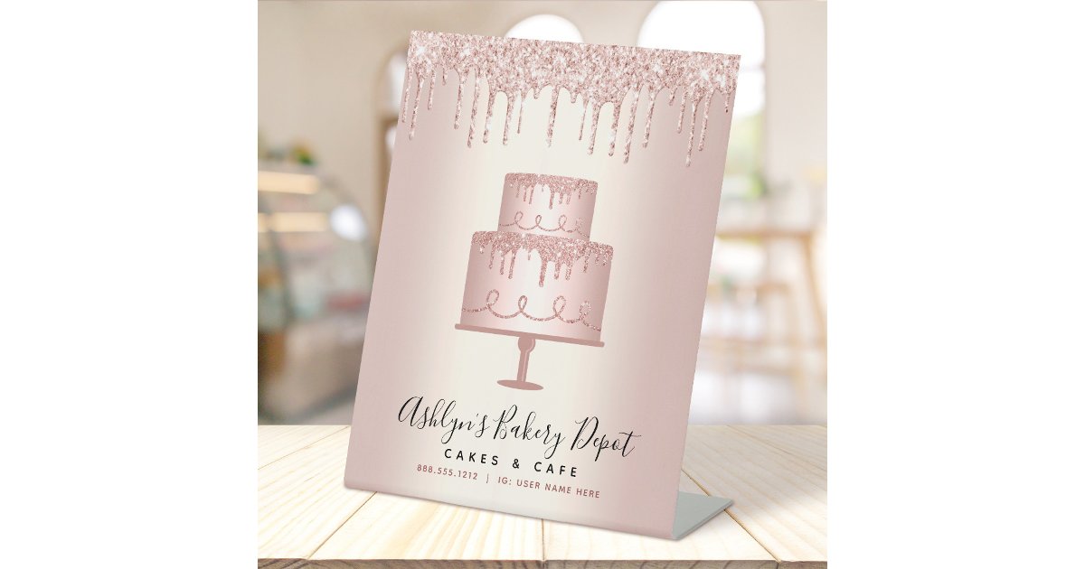 Cake Bakery Chef Rose Gold Glitter Drips Script Pedestal Sign | Zazzle