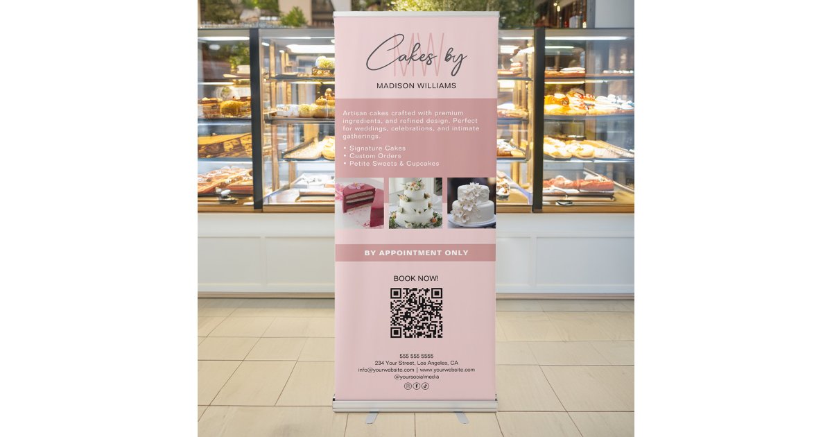 Cake Bakery Custom Monogram Pink Retractable Banner | Zazzle