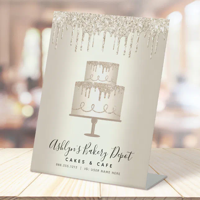 Cake Bakery Pastry Chef Gold Glitter Drips Script Pedestal Sign | Zazzle