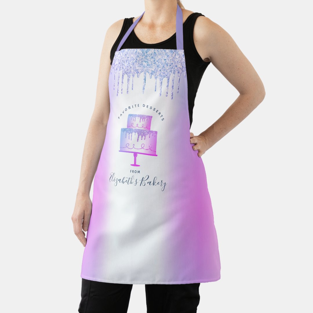 Cake Bakery Pastry Chef Purple Glitter Drip Script Apron | Zazzle