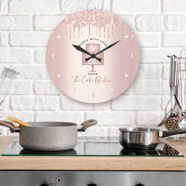Cake Bakery Pastry Chef Rose Gold Glitter Drips Large Clock | Zazzle