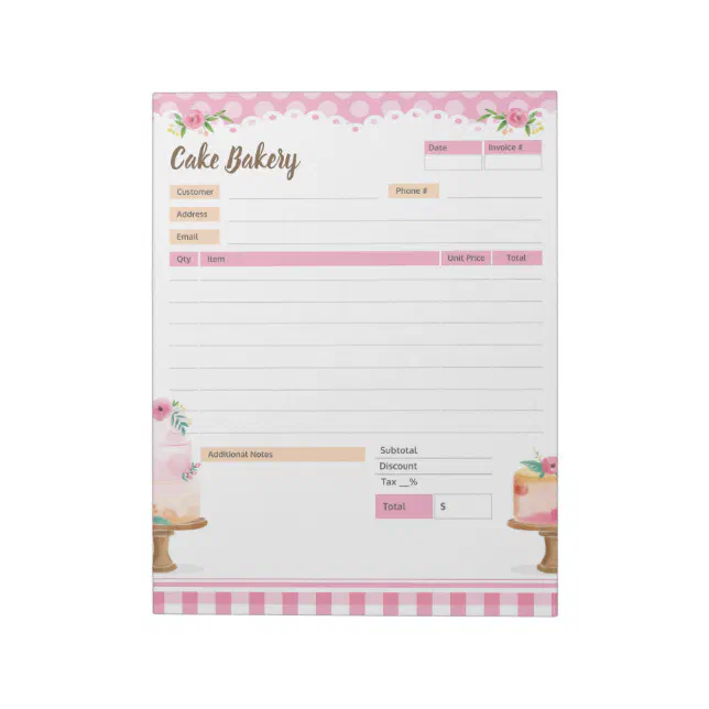 Cake Bakery Theme Order Form and Invoice Notepad | Zazzle
