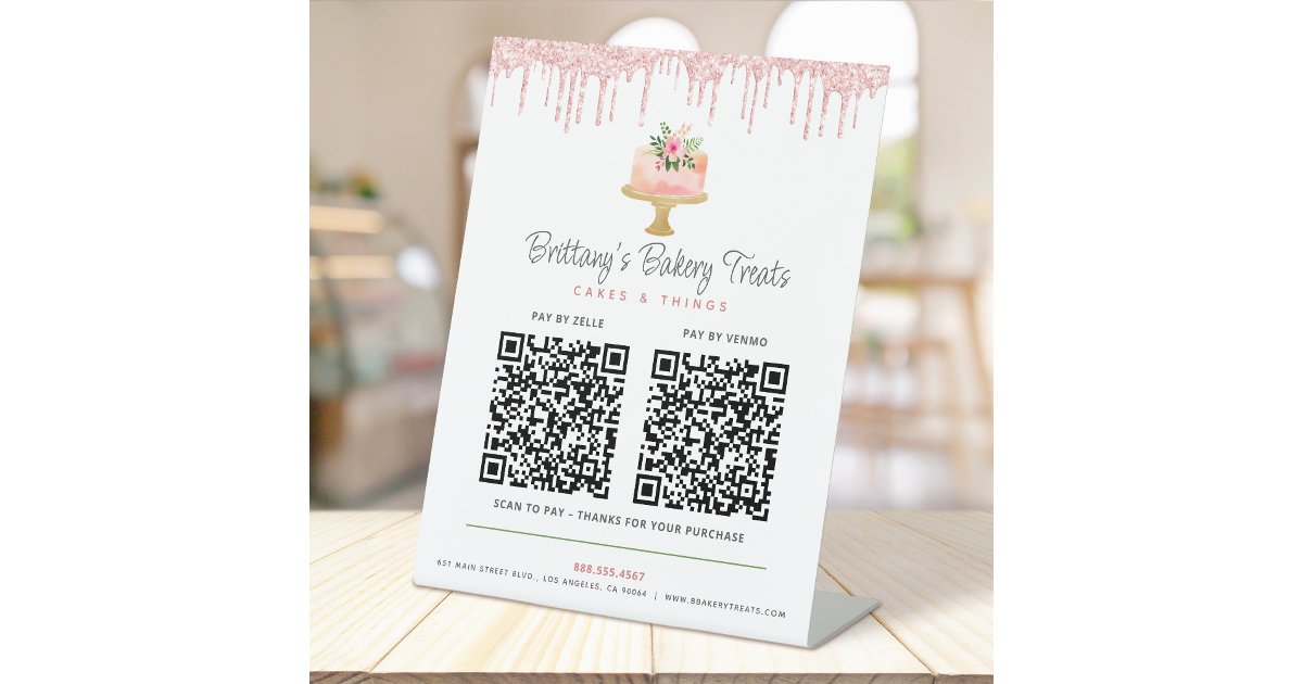 Cake Blush Pink 2 QR Code Pay Here Bakery Glitter Pedestal Sign | Zazzle