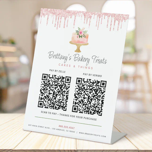 Cake Blush Pink 2 QR Code Pay Here Bakery Glitter Pedestal Sign | Zazzle