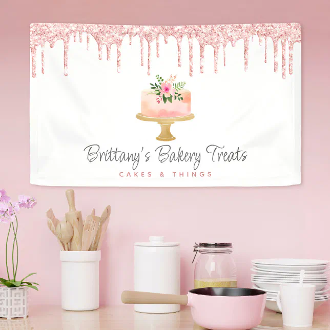 Cake Blush Pink Glitter Drips Bakery Pastry Chef Banner | Zazzle