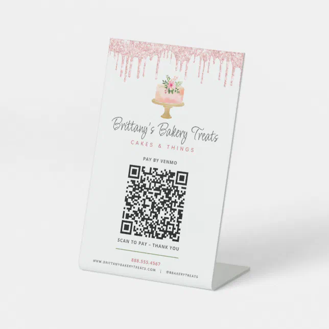 Cake Blush Pink QR Code Pay Here Bakery Glitter Pedestal Sign | Zazzle