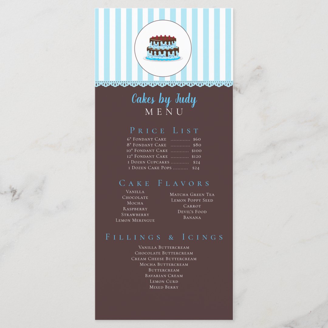 Cake Decorator Whimsicial Blue & Brown Bakery CUTE Menu | Zazzle