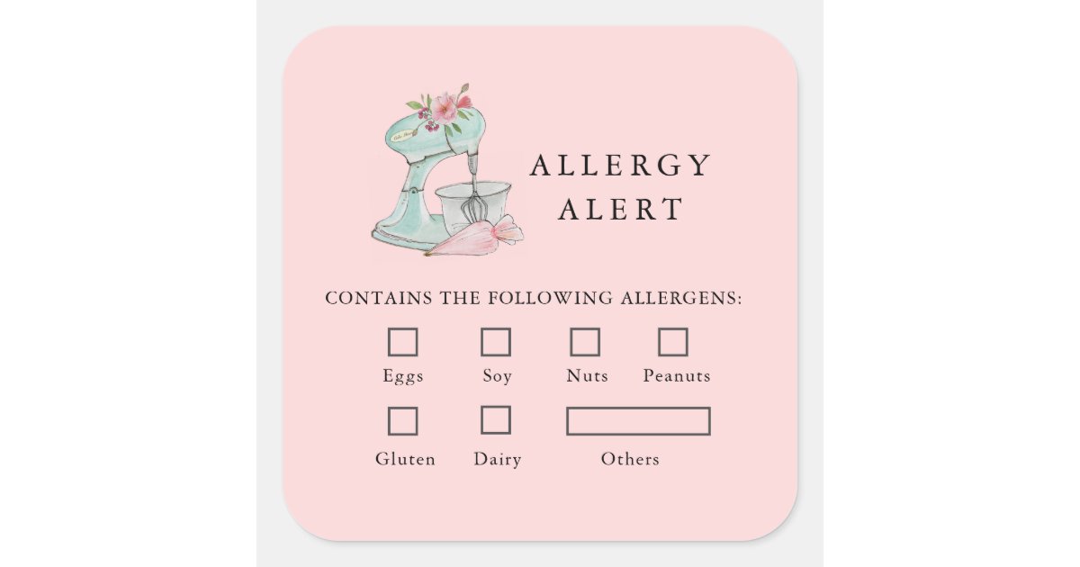 Cake mixer Bakery Food Safety Allergy Alert Pink Square Sticker | Zazzle