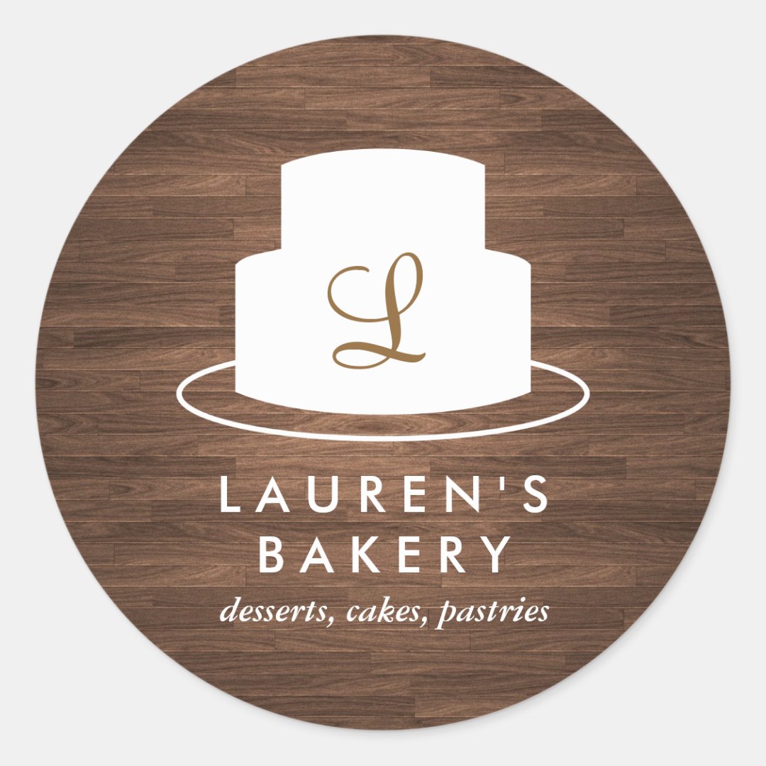 Cake Monogram Logo in White on Brown Woodgrain Classic Round Sticker ...