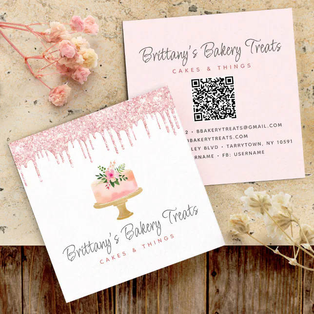 Cake QR Code Blush Pink Glitter Drips Pastry Chef Square Business Card ...