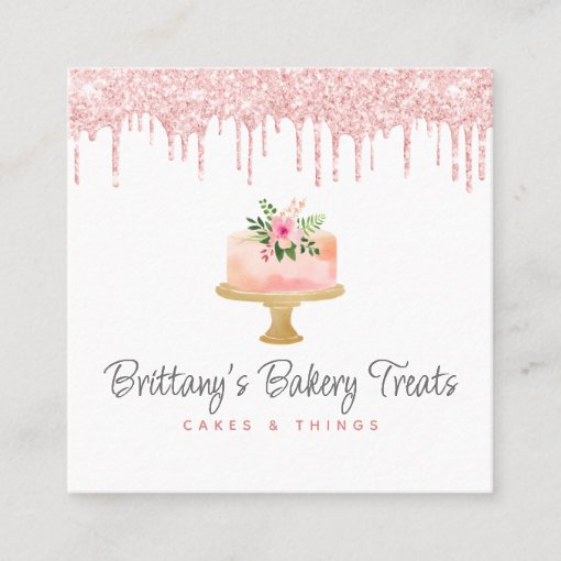 Cake QR Code Blush Pink Glitter Drips Pastry Chef Square Business Card ...