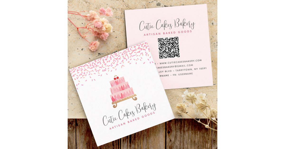 Cake QR Code Blush Pink Sprinkles Pastry Chef Chic Square Business Card ...