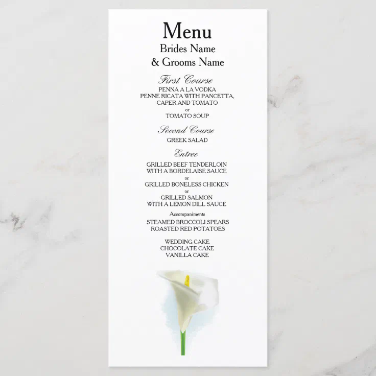 Cala Lily Modern Simple Elegant Wedding Ideas Menu | Zazzle