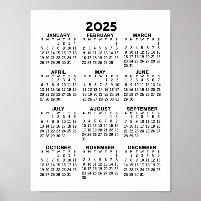 Calendar - Basic Minimal Black and White Poster | Zazzle