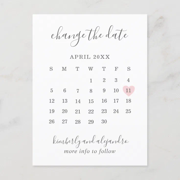 Calendar Change the Date Pink Heart Cute Announcement Postcard | Zazzle