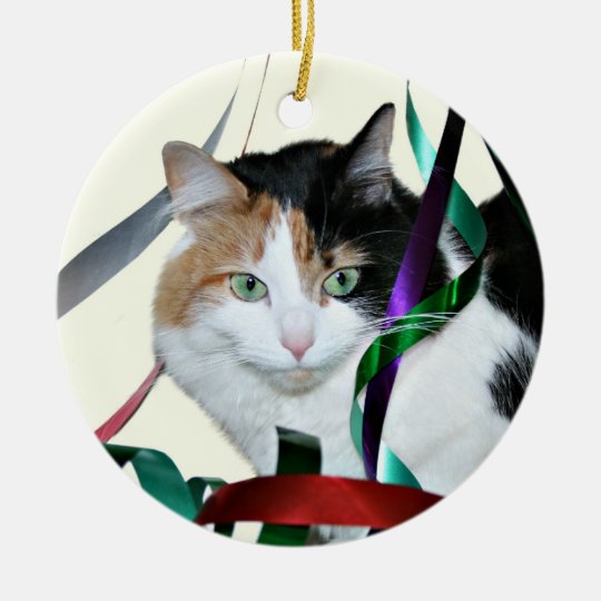 Calico cat Christmas ribbon Ceramic Ornament | Zazzle.com