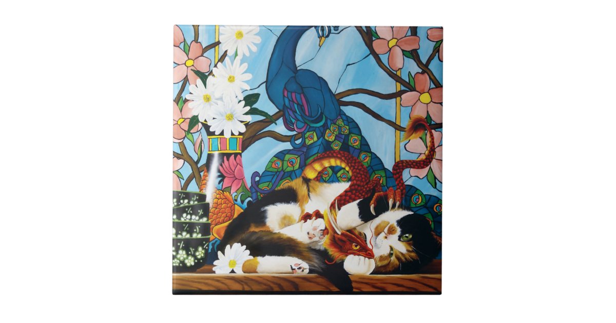 Calico Cat Dragon Red Ceramic Tile | Zazzle