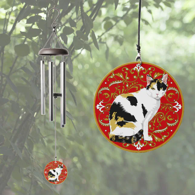 Calico Cat On Fancy Red Background Wind Chime | Zazzle