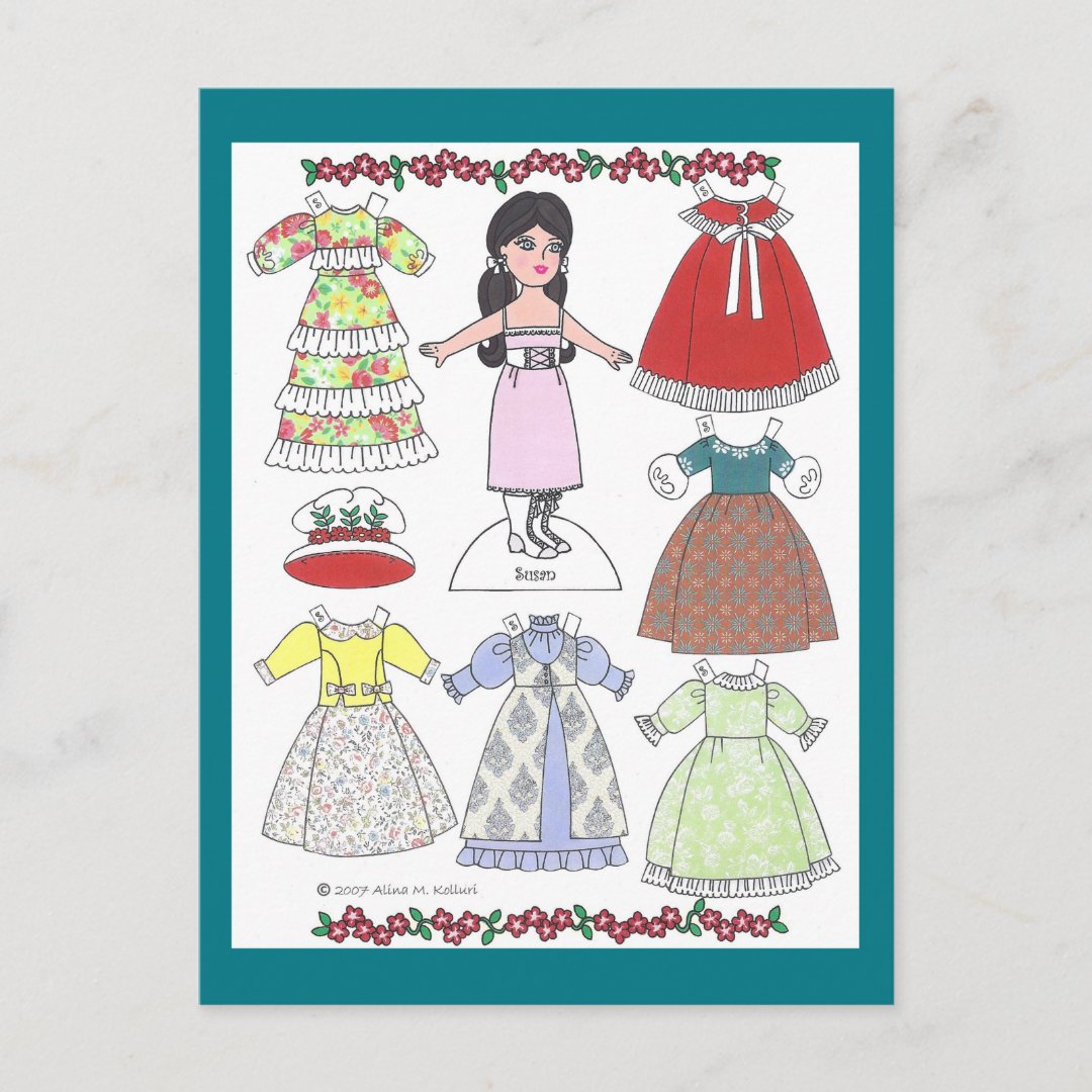 Calico Girl Susan Old-Fashioned Paper Doll Postcard | Zazzle