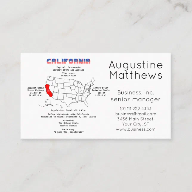 California American state on a map and useful info Business Card | Zazzle