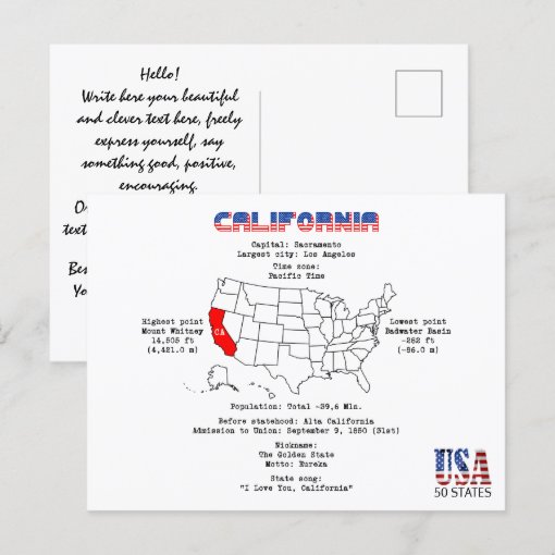 California American state on a map and useful info Holiday Postcard ...