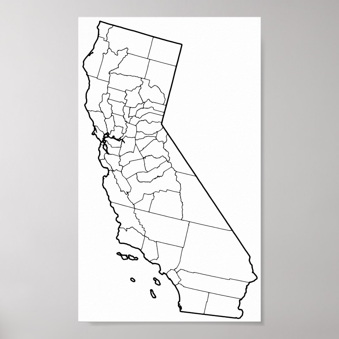 California Counties Blank Outline Map Poster | Zazzle