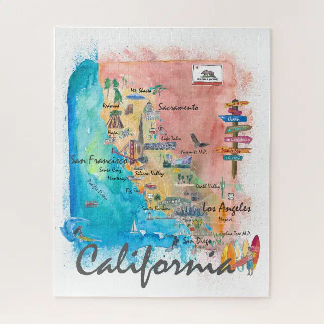 California Illustrated Map with Tourist Highlights Jigsaw Puzzle | Zazzle