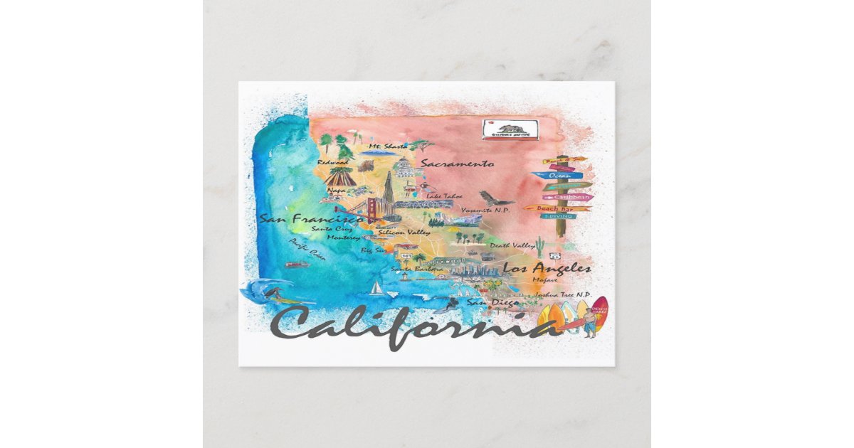 California Illustrated Map with Tourist Highlights Postcard | Zazzle