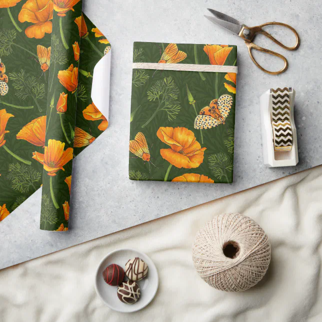 California poppies and moths on dark green wrapping paper | Zazzle