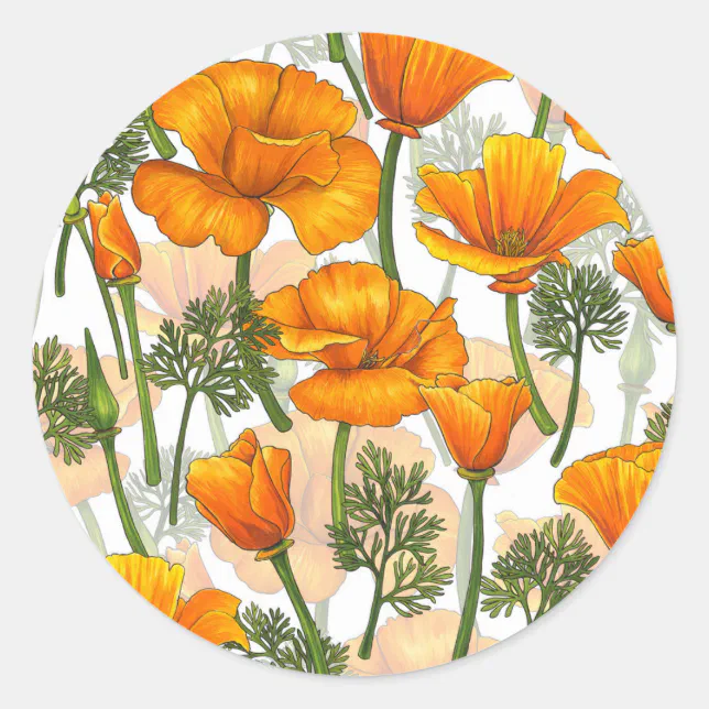 California poppies classic round sticker | Zazzle