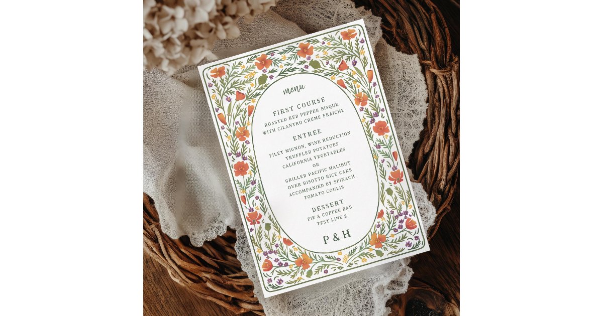 California Poppies Illustrated Dinner Menu Card | Zazzle