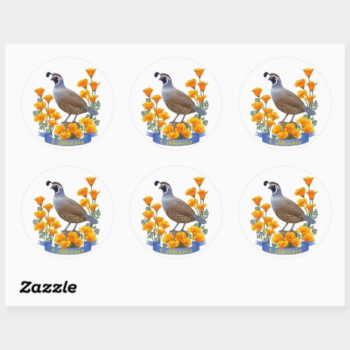 California State Bird Quail & Golden Poppy Classic Round Sticker | Zazzle