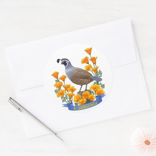 California State Bird Quail & Golden Poppy Classic Round Sticker | Zazzle